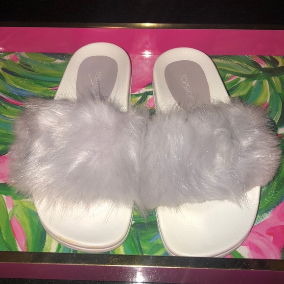 Topshop | Shoes | Topshop Silverwhite Fur Slides | Poshmark